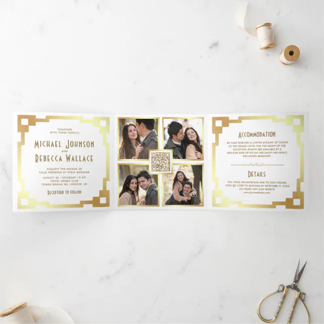 Square Art Deco Frame White Gold QR Code Wedding Tri-Fold Invitation ...