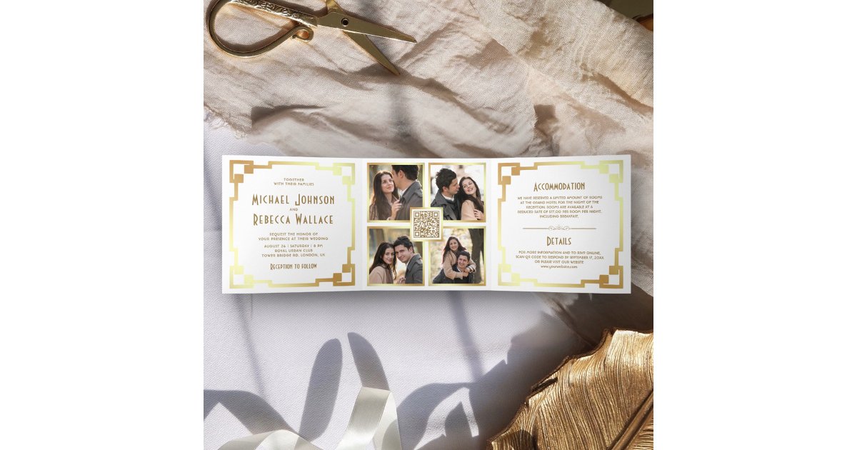 Square Art Deco Frame White Gold QR Code Wedding Tri-Fold Invitation ...