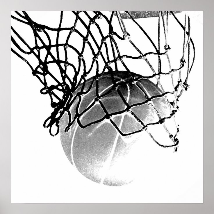 Square B&W Basketball Ball & Net Print Poster | Zazzle