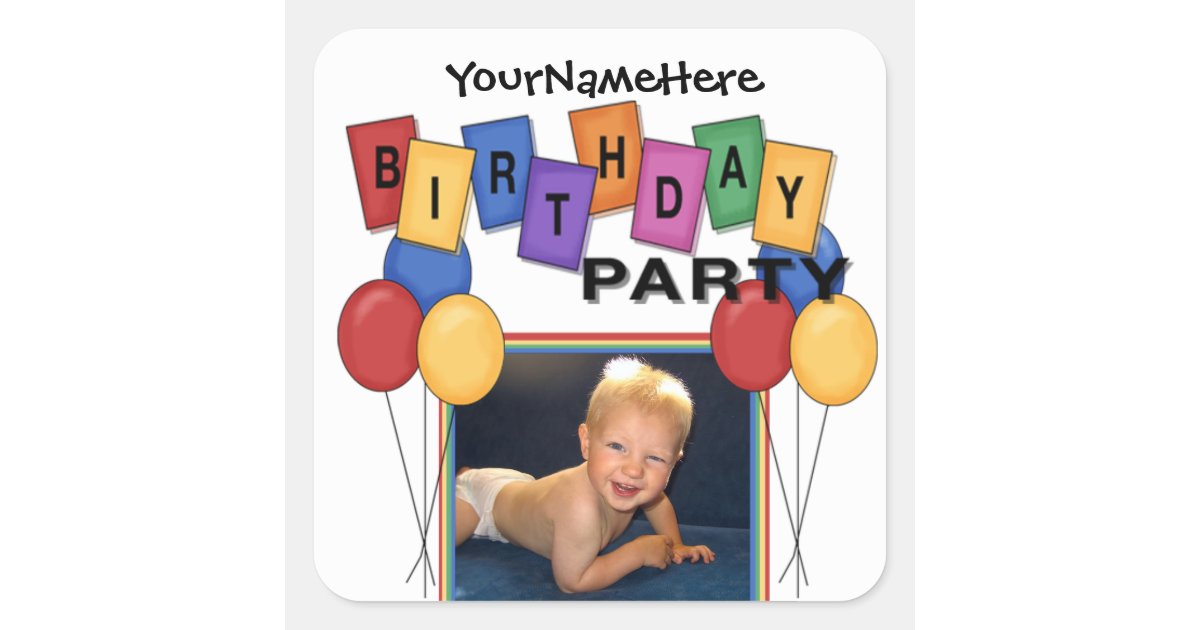 Square Birthday Party Photo Stickers | Zazzle