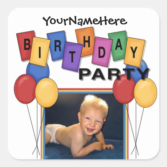 Square Birthday Party Photo Stickers | Zazzle