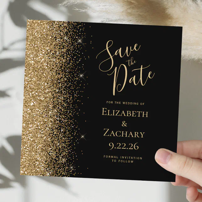 Square Black Gold Glitter Save the Date Announcement | Zazzle