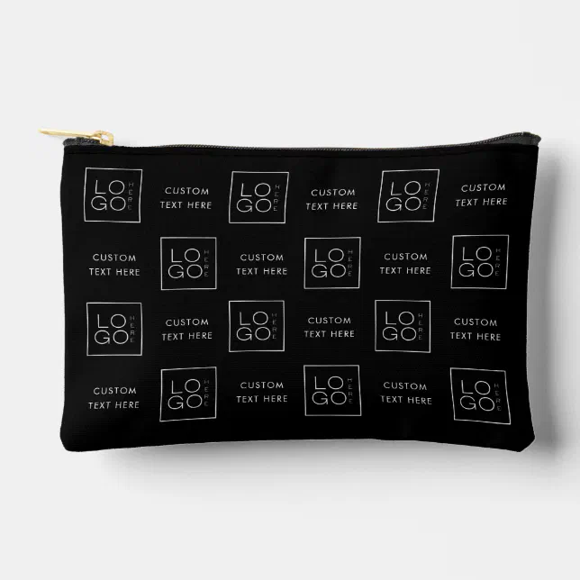 Square Custom Business Logo Text Black Background Accessory Pouch | Zazzle