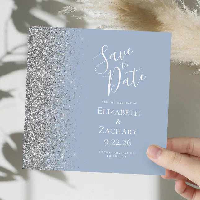 Square Dusty Blue Silver Glitter Save the Date Announcement | Zazzle