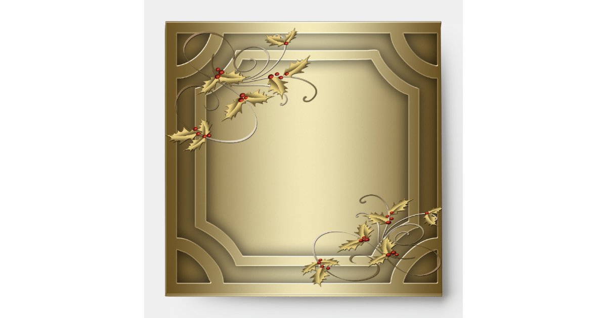 Square Gold Holly Christmas Envelopes | Zazzle
