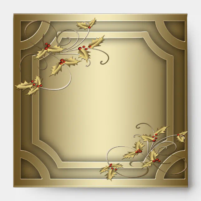 Square Gold Holly Christmas Envelopes | Zazzle