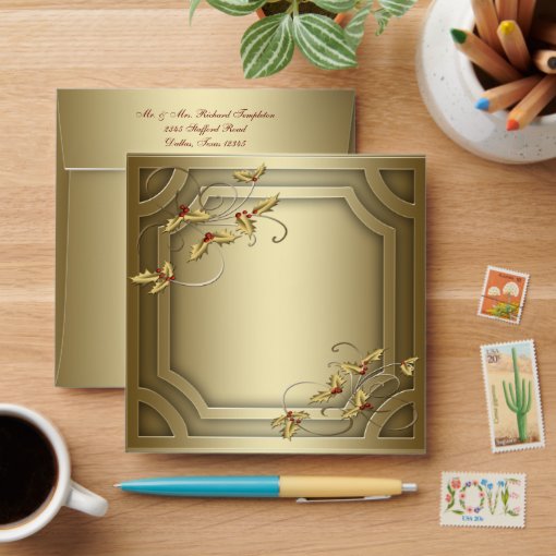 Square Gold Holly Christmas Envelopes | Zazzle