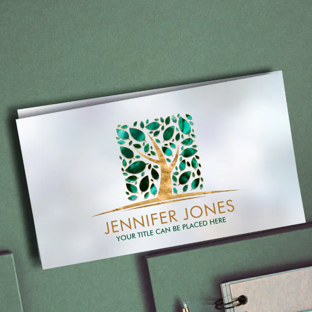 Square Gold Tree of life Art- Malachite leaves Business Card | Zazzle