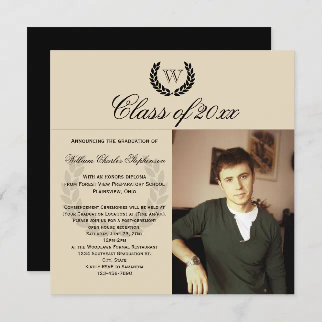 Square Letter Monogram Classic Photo Graduation Invitation | Zazzle