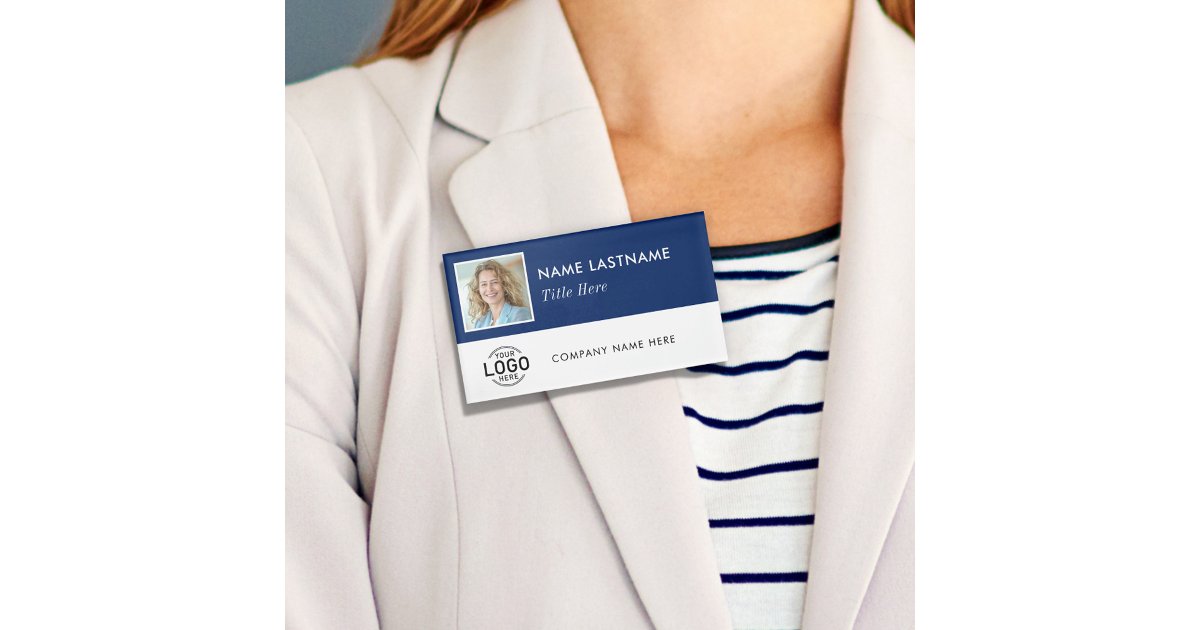 Square Photo Logo Navy Blue White Magnetic Large Name Tag | Zazzle