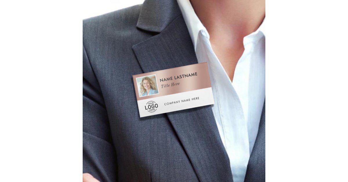 Square Photo Logo Rose Gold White Magnetic Large Name Tag | Zazzle