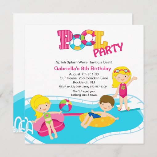 Square Pink Pool Party Girls Birthday Invitation | Zazzle