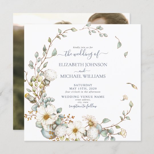 Square Rustic Dusty Blue & Cream Botanical Photo Invitation | Zazzle.com