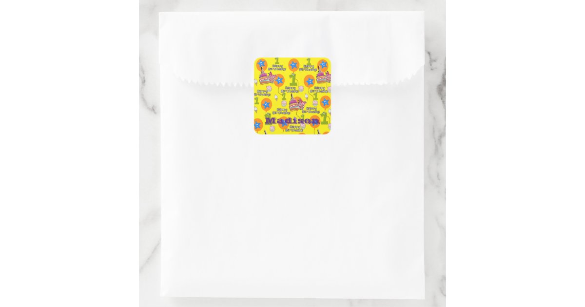 Square Stickers, #1 First Birthday Yellow Square Sticker | Zazzle