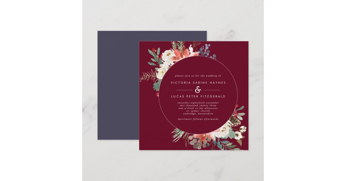 Square Winter Berry Floral Wedding Invitation | Zazzle