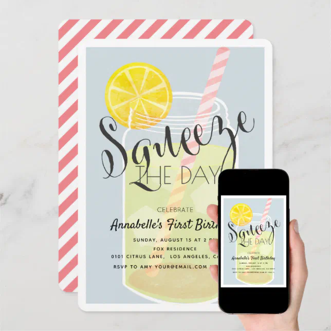 Squeeze the Day Lemonade Jar 1st Birthday Invitation | Zazzle