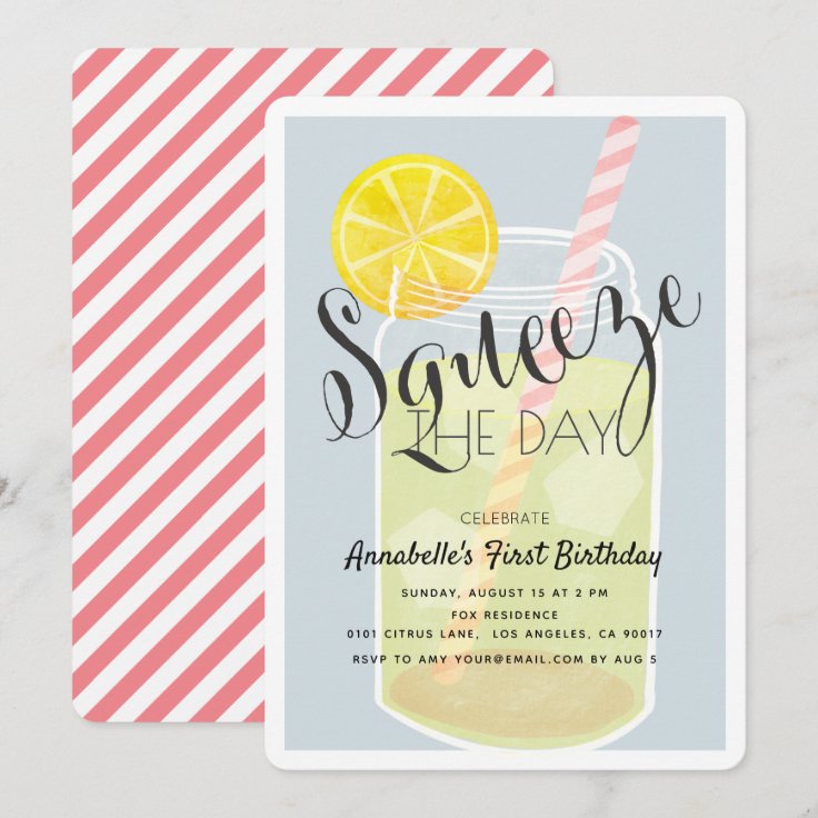 Squeeze the Day Lemonade Jar 1st Birthday Invitation | Zazzle
