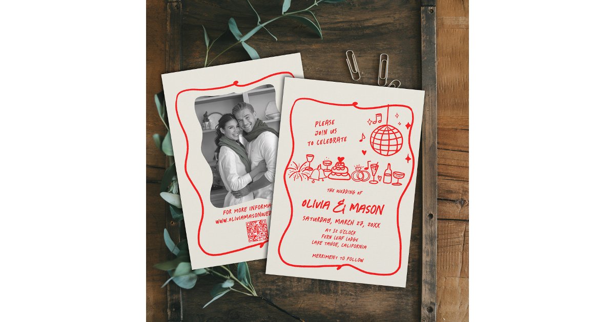 Squiggle Hand-Drawn Modern Doodle Red Ecru Wedding Invitation | Zazzle