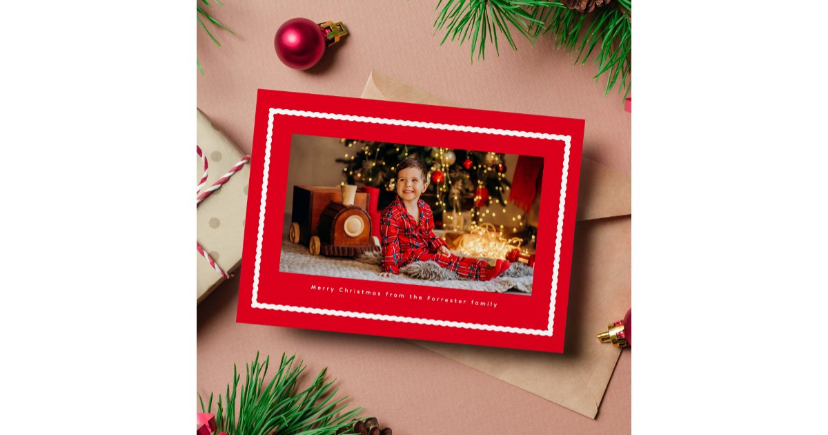 Squiggly frame cute simple red one photo Christmas Holiday Card | Zazzle