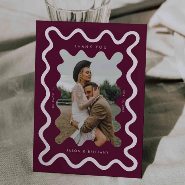 Squiggly Hand Drawn Line Cranberry Wedding Photo Thank You Card | Zazzle