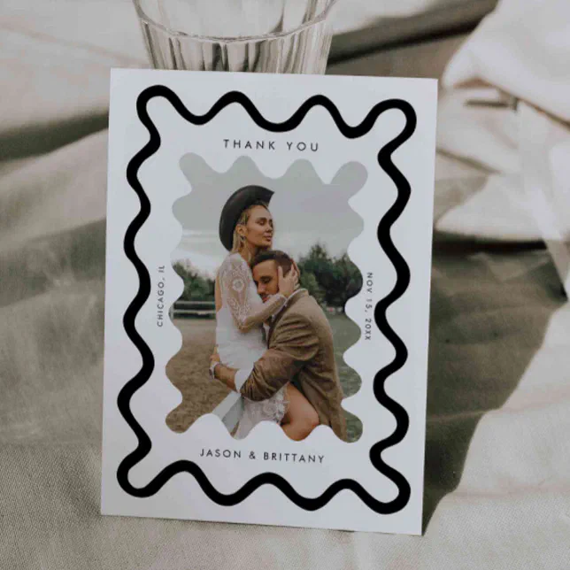 Squiggly Hand Drawn Line White Wedding Photo Thank You Card | Zazzle