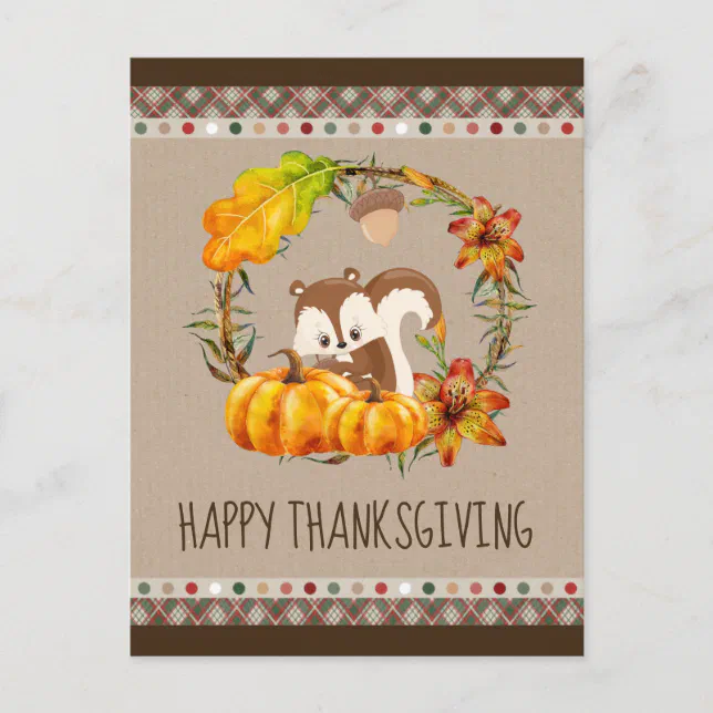 Squirrel and Pumpkins Happy Thanksgiving Holiday Postcard | Zazzle