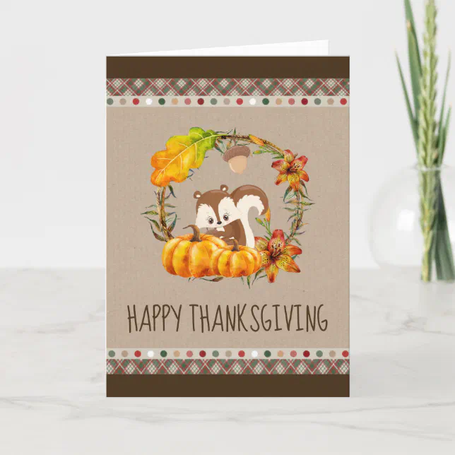 Squirrel and Pumpkins Rustic Wreath Thanksgiving Card | Zazzle