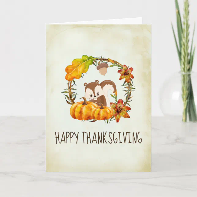 Squirrel and Pumpkins Rustic Wreath Thanksgiving Card | Zazzle