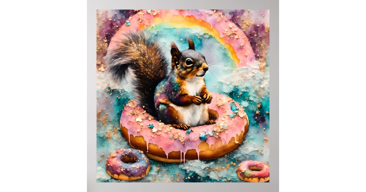 Squirrel on Floating Glazed Donut Funny Sweet Poster | Zazzle