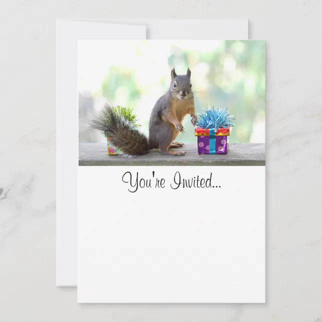 Squirrel with Wrapped Presents Invitation | Zazzle