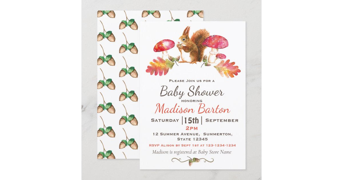 Squirrel Woodland Autumn Watercolor Baby Shower Invitation | Zazzle