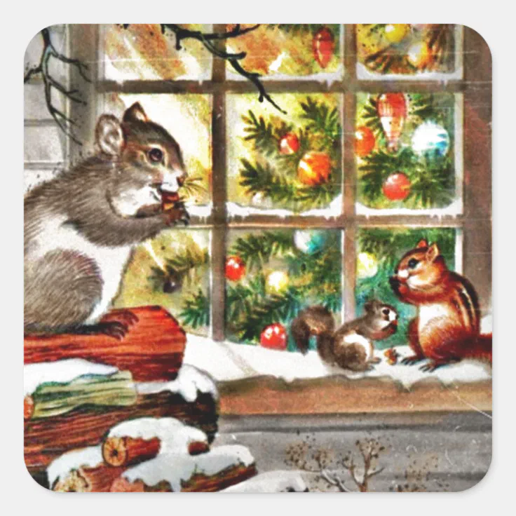 Squirrels at the Window Square Sticker | Zazzle