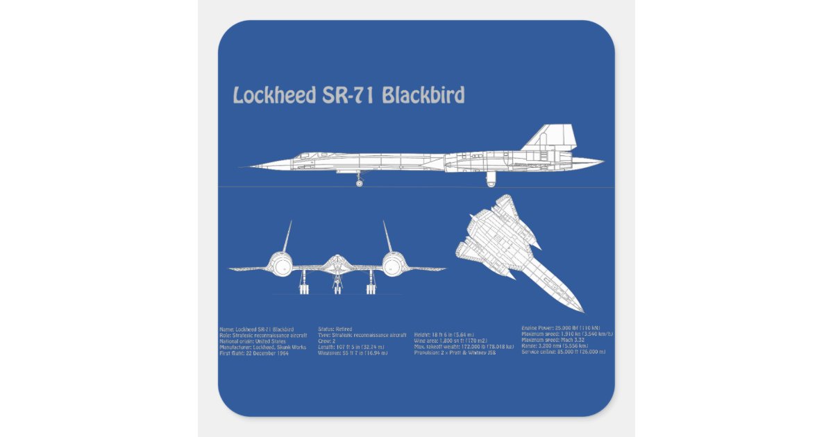SR-71 Blackbird - Airplane Blueprint Plans ABD Square Sticker | Zazzle