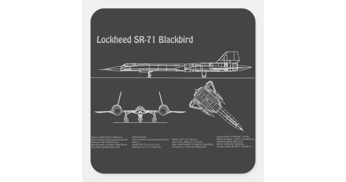 SR-71 Blackbird - Airplane Blueprint Plans PD Square Sticker | Zazzle