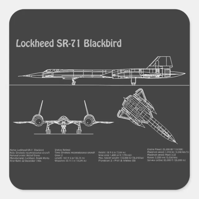 SR-71 Blackbird - Airplane Blueprint Plans PD Square Sticker | Zazzle