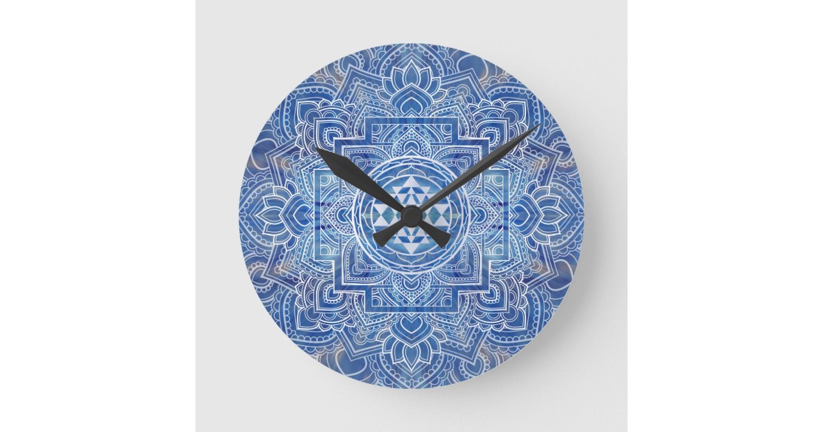 Sri Yantra / Sri Chakra Blue Watercolor Round Clock | Zazzle