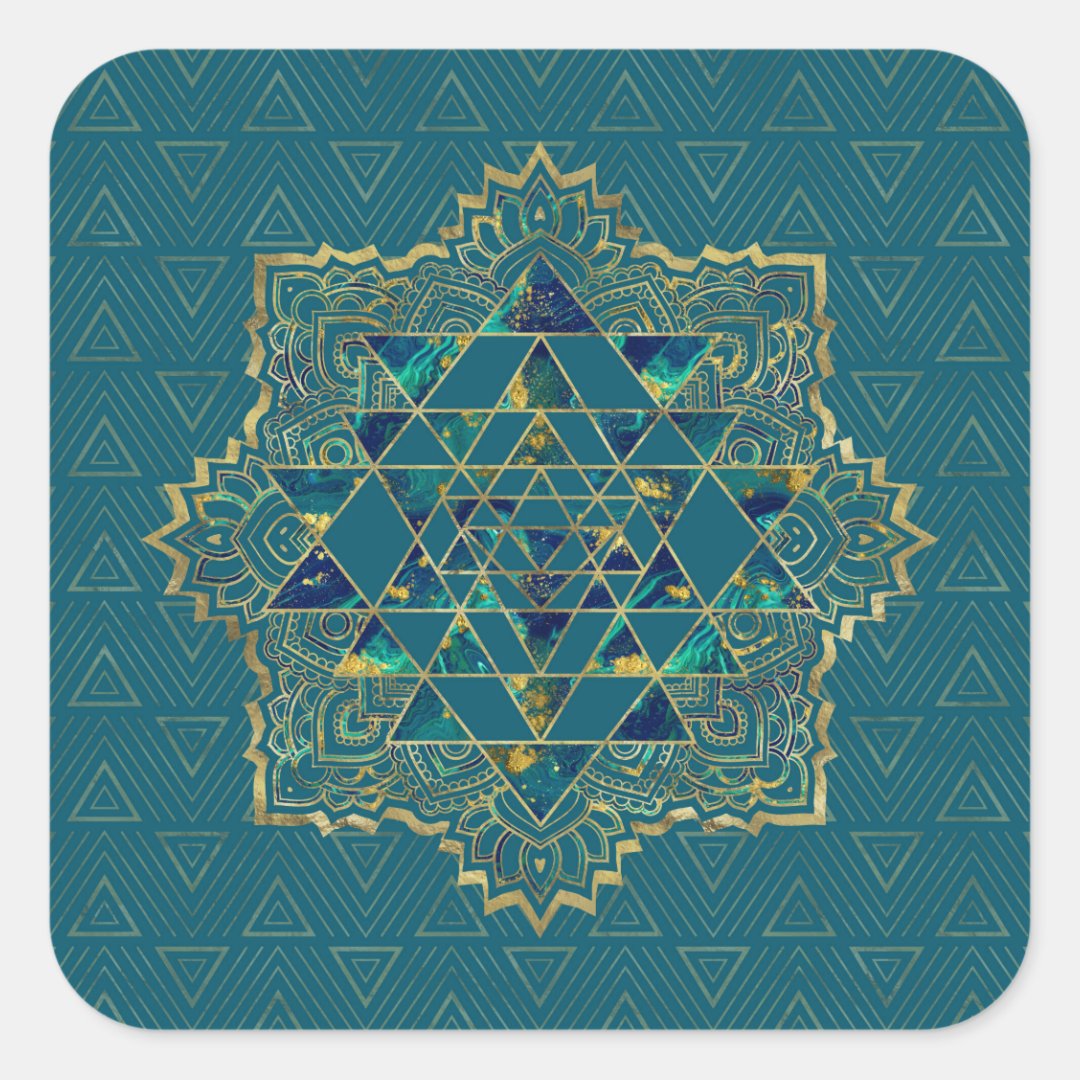 Sri Yantra / Sri Chakra Gold, Marble and Teal Square Sticker | Zazzle