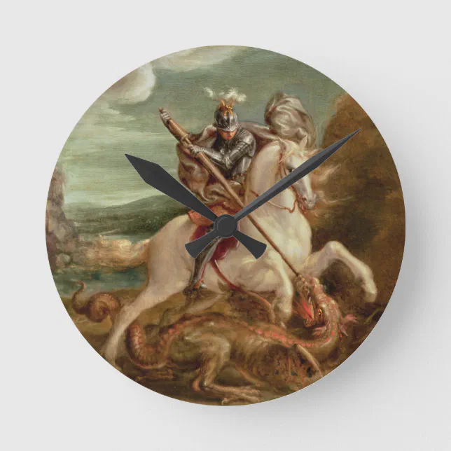 St. George slaying the dragon, (oil on panel) Round Clock | Zazzle