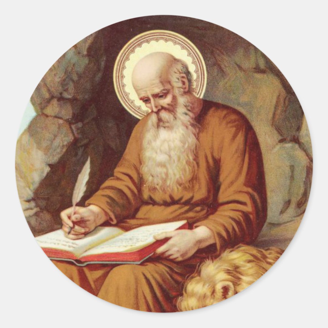 St. Jerome writing Scripture with lion Classic Round Sticker | Zazzle