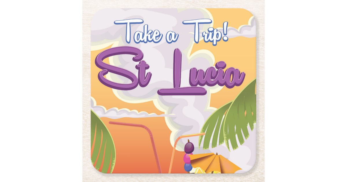 St Lucia Cartoon travel poster. Square Paper Coaster | Zazzle