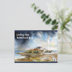 St Mary Lighthouse in Whitley Bay Watercolor Postcard | Zazzle