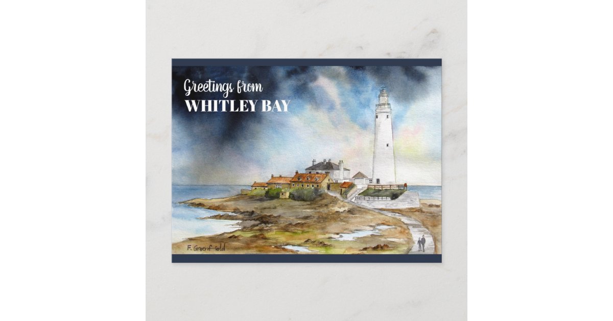 St Mary Lighthouse in Whitley Bay Watercolor Postcard | Zazzle