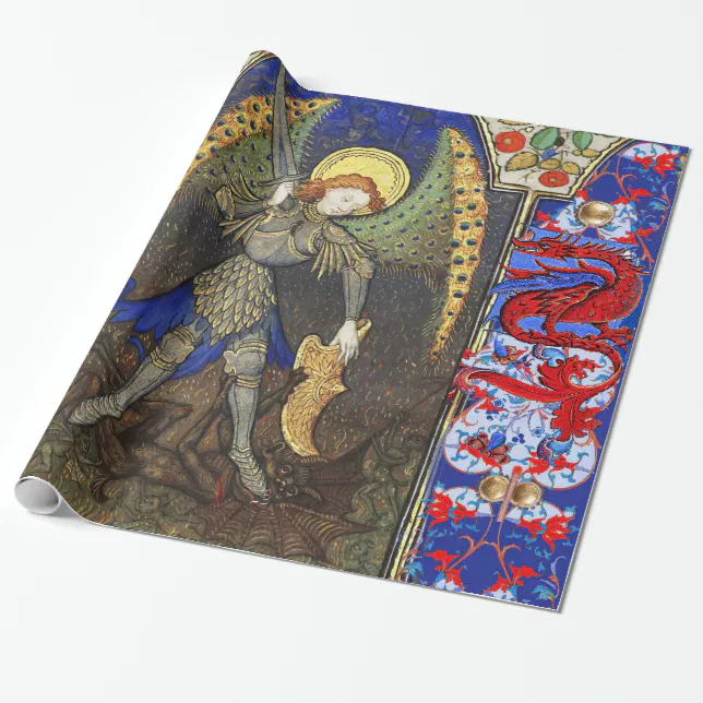St. Michael the Archangel with Devil , Red Dragons Wrapping Paper | Zazzle