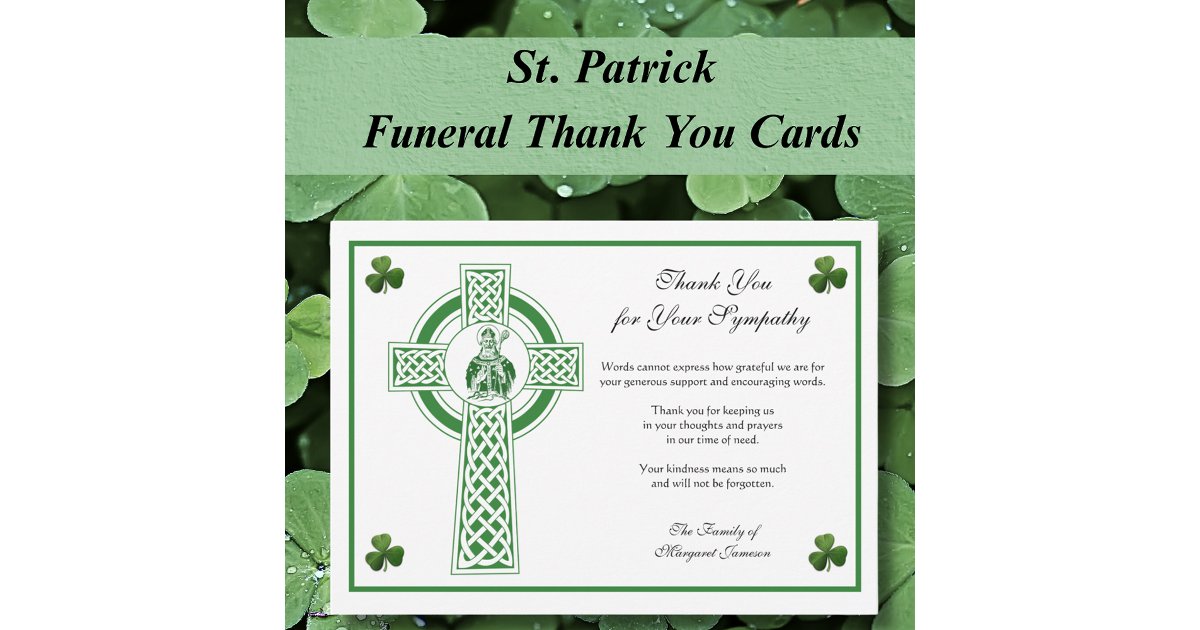 St. Patrick Irish Cross Shamrocks Condolence Thank You Card | Zazzle