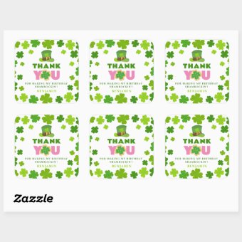 St. Patrick's Day Boy Birthday Clover Thank You Square Sticker | Zazzle