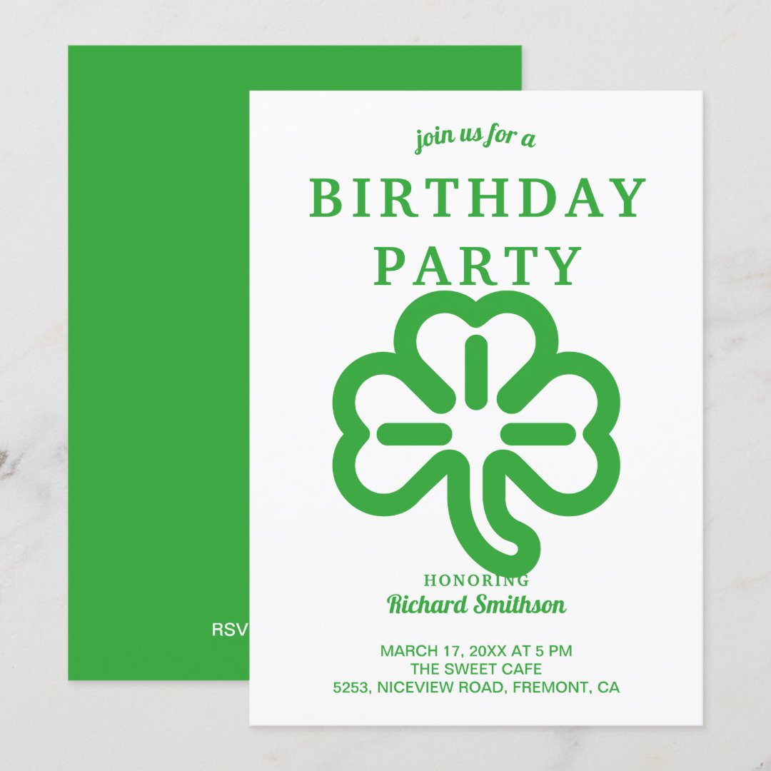 St. Patrick's Day Green Clover Birthday Party Invitation | Zazzle