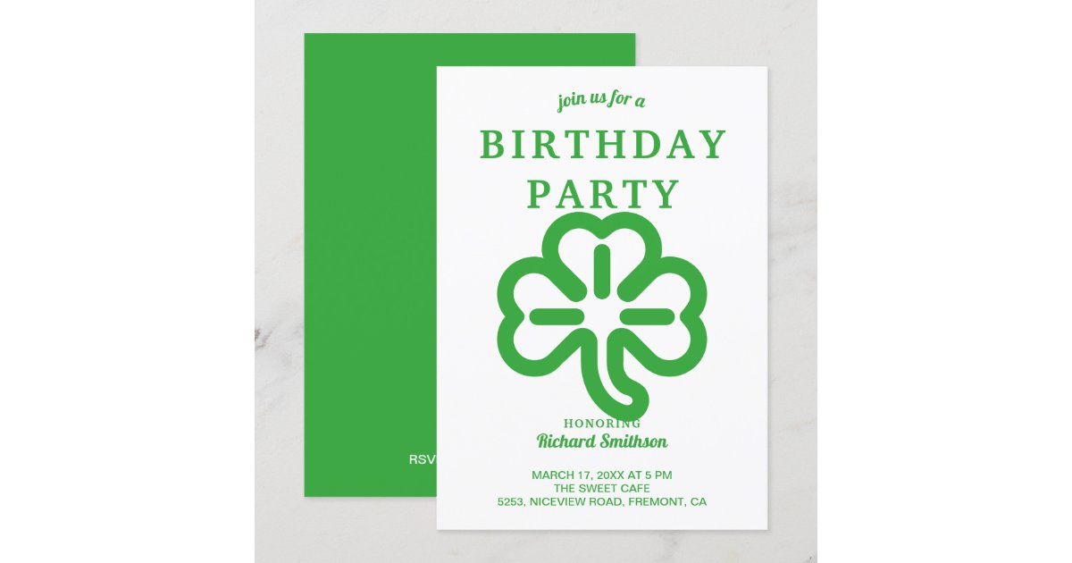 St. Patrick's Day Green Clover Birthday Party Invitation | Zazzle