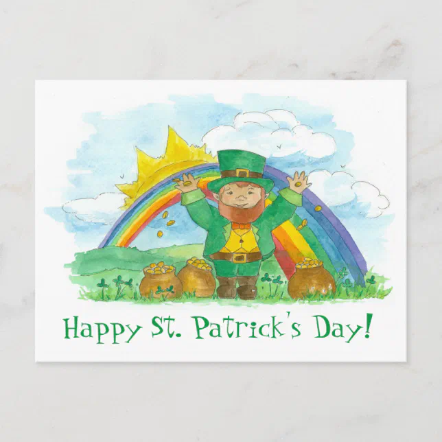 St. Patrick's Day Leprechaun Rainbow Pot Of Gold Postcard | Zazzle