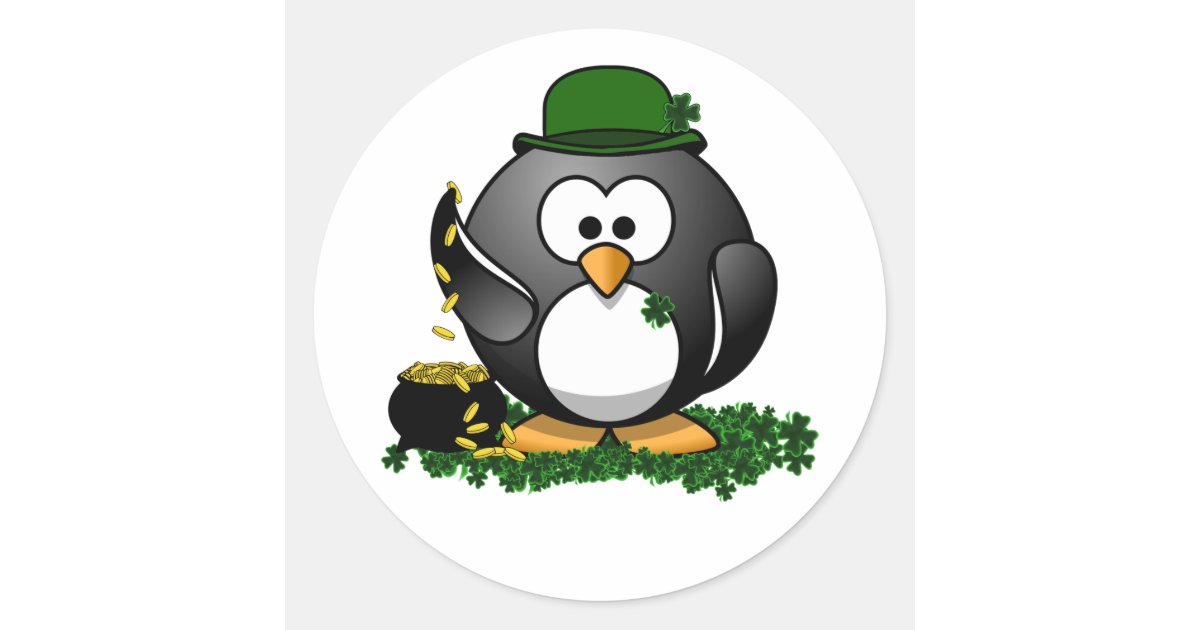 St. Patrick's Day Lucky Penguin with Pot Of Gold Classic Round Sticker ...
