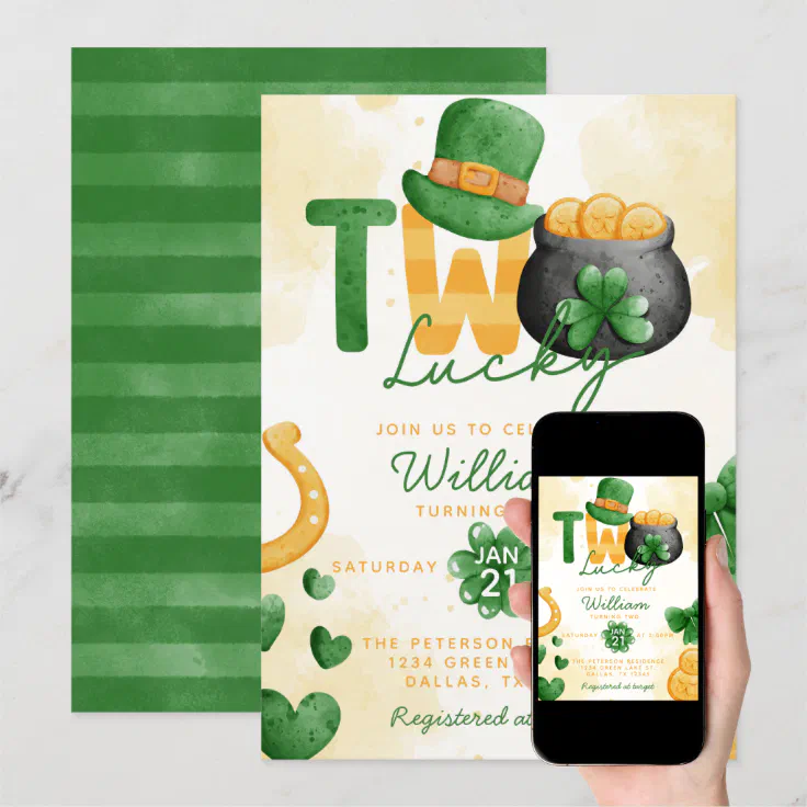 St Patricks Day Lucky TWO 2nd Birthday Invitation | Zazzle